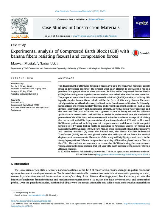 (PDF) Experimental analysis of Compressed Earth Block (CEB) with banana fibers resisting ...