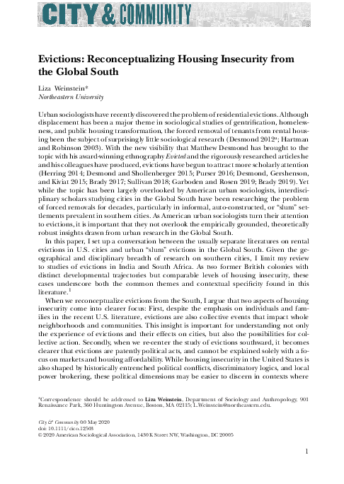 (PDF) Evictions: Reconceptualizing Housing Insecurity from the Global South