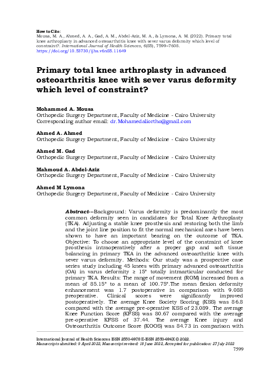 (PDF) Primary total knee arthroplasty in advanced osteoarthritis knee with sever varus deformity ...