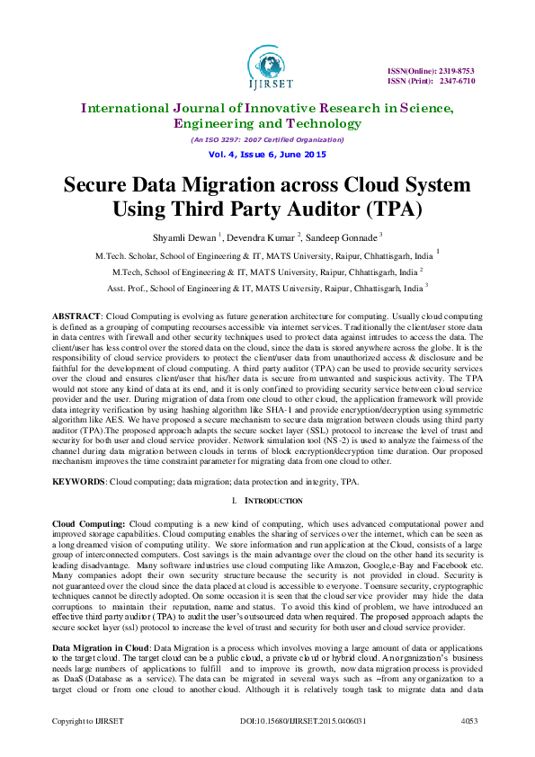 (PDF) Secure Data Migration across Cloud System Using Third Party Auditor (TPA)