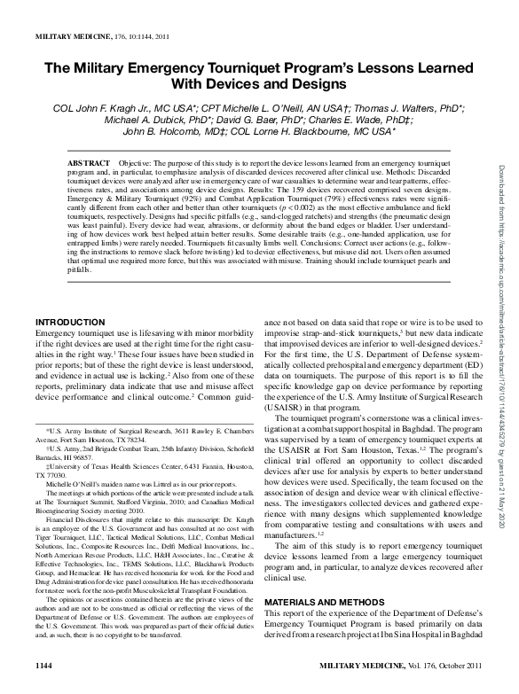 (PDF) The Military Emergency Tourniquet Program’s Lessons Learned With ...