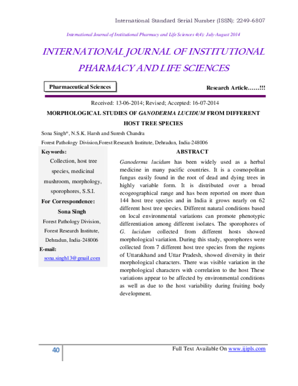(PDF) Morphological Studies of Ganoderma Lucidum from Different Host Tree Species | Sona Singh ...