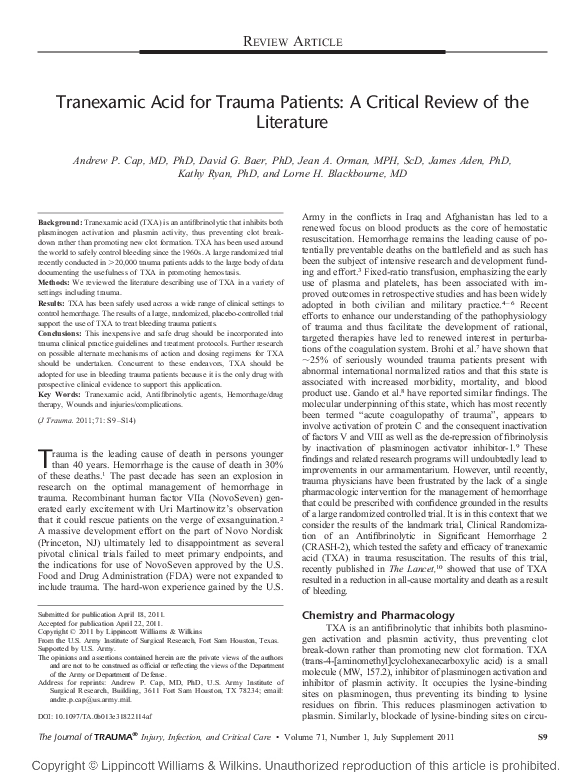 (PDF) Tranexamic Acid for Trauma Patients: A Critical Review of the Literature