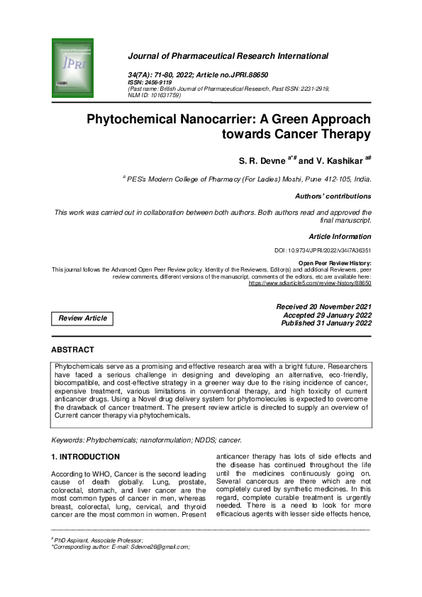 (PDF) Phytochemical Nanocarrier: A Green Approach towards Cancer Therapy
