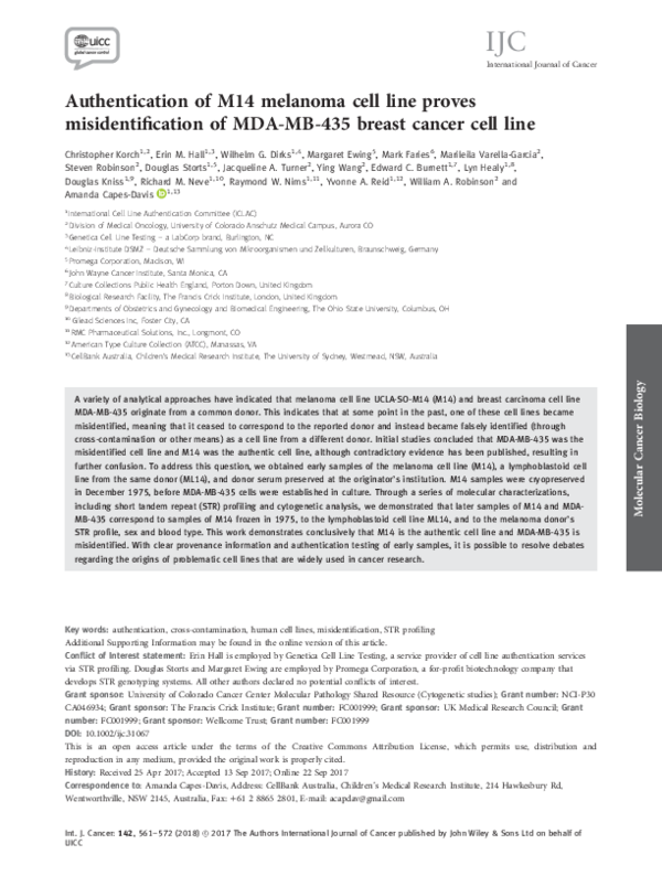 (PDF) Authentication of M14 melanoma cell line proves misidentification ...