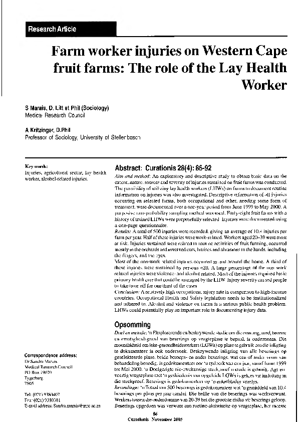 (PDF) Farm worker injuries on Western Cape fruit farms: The role of the ...