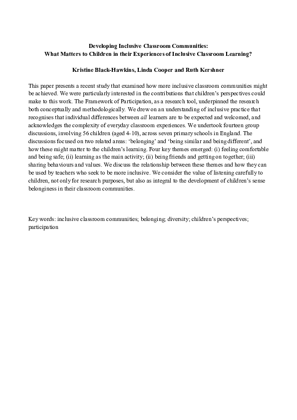 (PDF) Developing inclusive classroom communities: what matters to children?