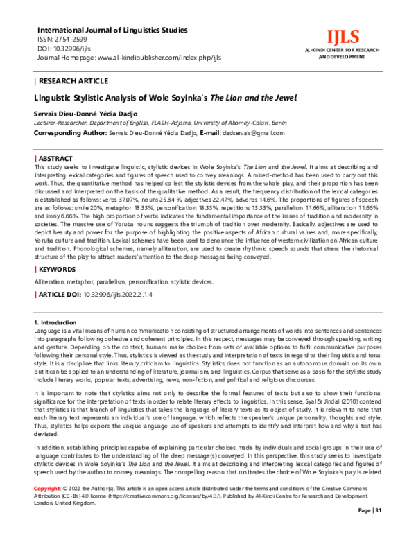 (PDF) Linguistic Stylistic Analysis of Wole Soyinka’s The Lion and the Jewel