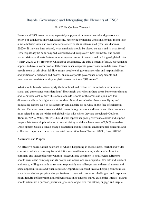 (PDF) Boards, Governance and Integrating the Elements of ESG