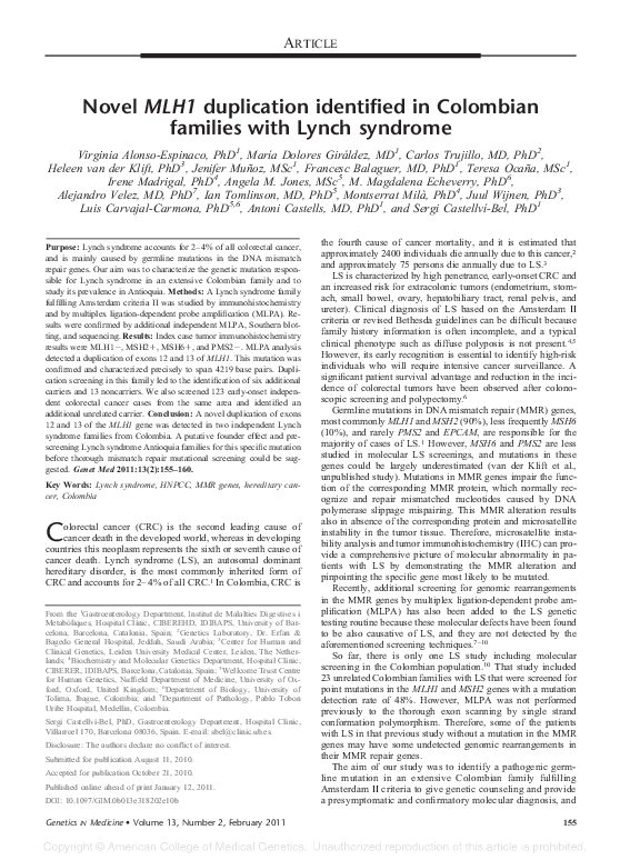 (PDF) Novel MLH1 duplication identified in Colombian families with ...