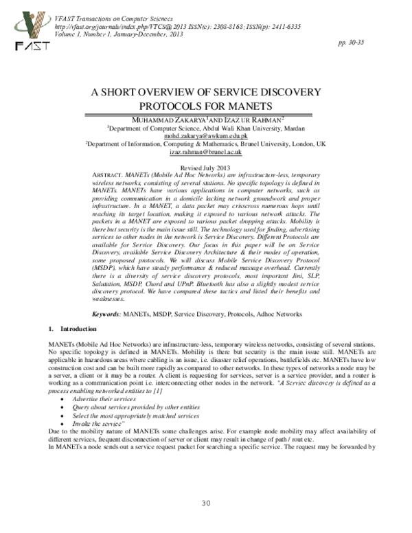 Pdf A Short Overview Of Service Discovery Protocols For Manets