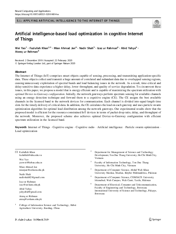 (PDF) Artificial intelligence-based load optimization in cognitive Internet of Things