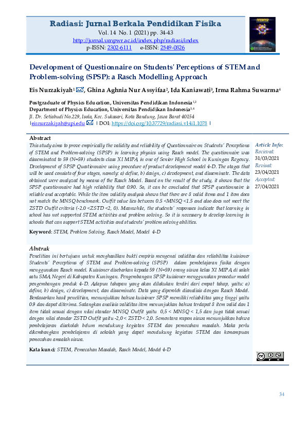(PDF) Development of Questionnaire on Students' Perceptions of STEM and Problem-solving (SPSP ...
