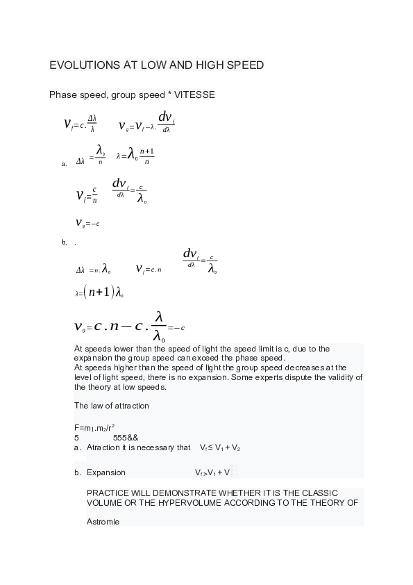 (DOC) EVOLUTIONS AT LOW AND HIGH SPEED Phase speed, group speed * VITESSE