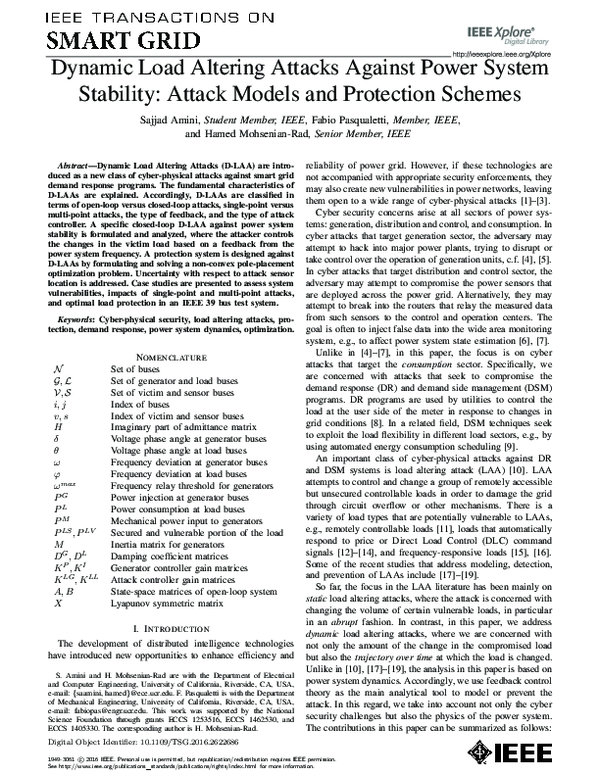 (PDF) Dynamic Load Altering Attacks Against Power System Stability: Attack Models and Protection ...