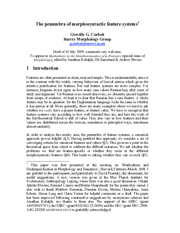 (PDF) The penumbra of morphosyntactic feature systems