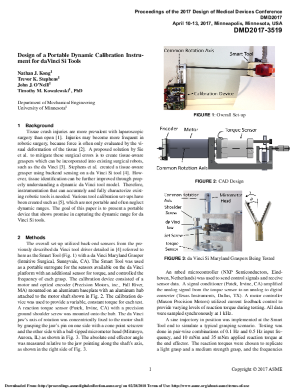 (PDF) Design of a Portable Dynamic Calibration Instrument for daVinci Si Tools