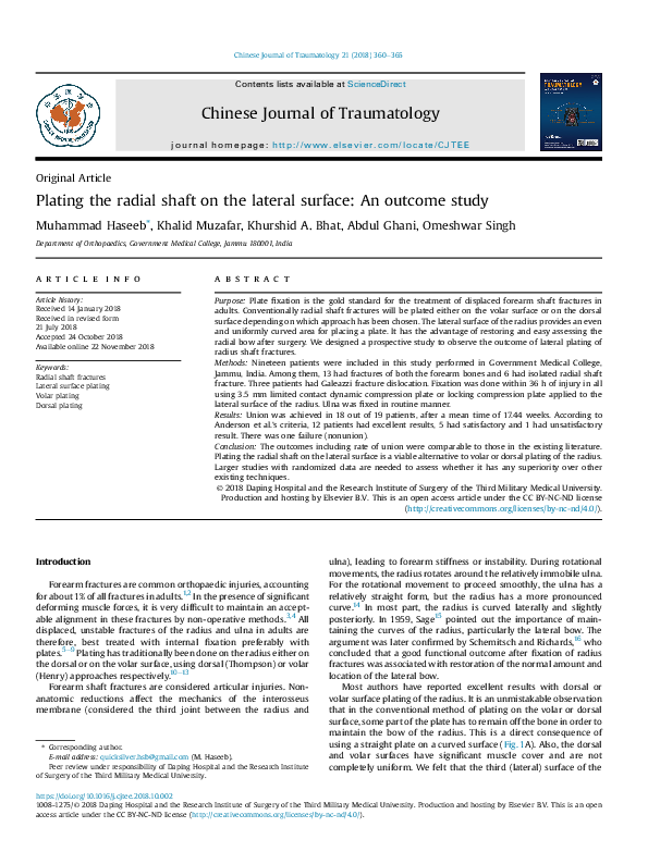 (PDF) Plating the radial shaft on the lateral surface: An outcome study