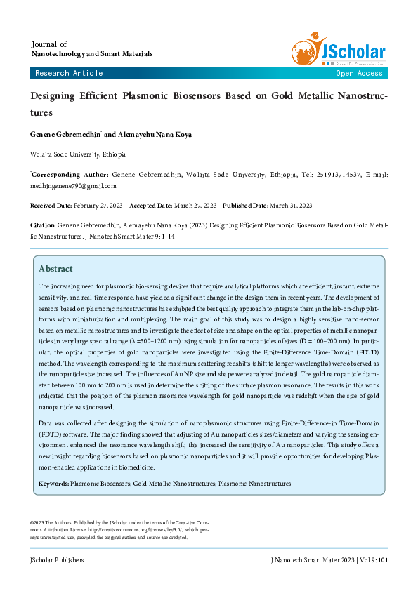 (PDF) Designing Efficient Plasmonic Biosensors Based on Gold Metallic Nanostructures | Genene G ...