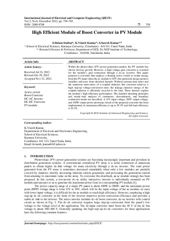 (PDF) High Efficient Module of Boost Converter in PV Module