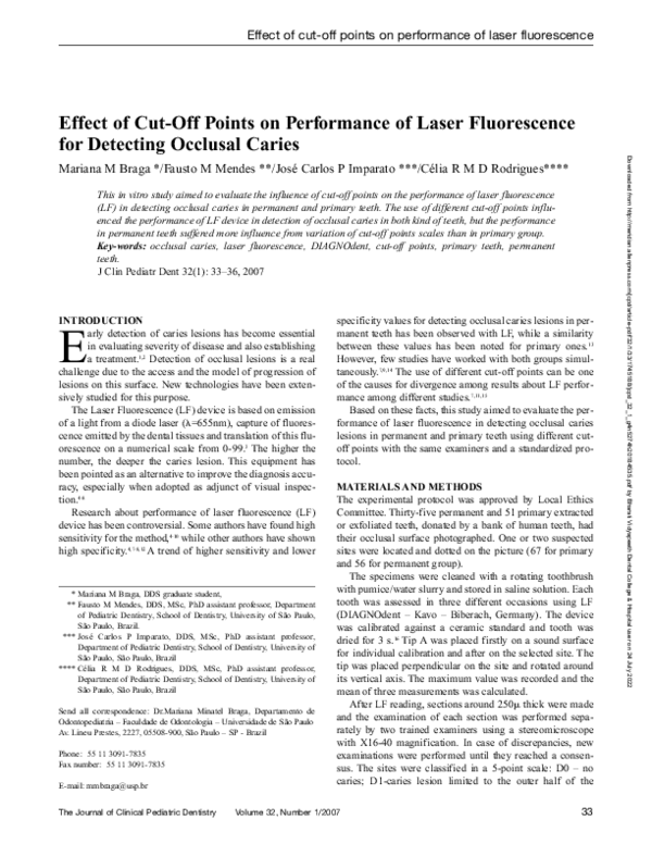 Pdf Effect Of Cut Off Points On Performance Of Laser Fluorescence For Detecting Occlusal Caries