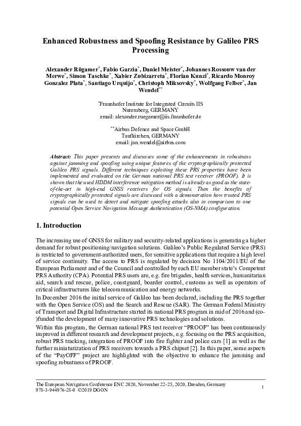 Pdf Enhanced Robustness And Spoofing Resistance By Galileo Prs Processing