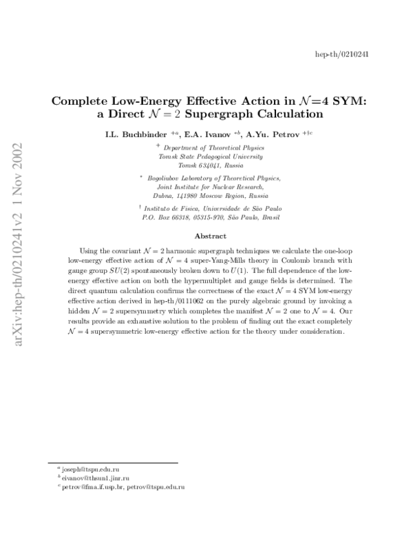 (PDF) Complete low-energy effective action in SYM: a direct supergraph ...