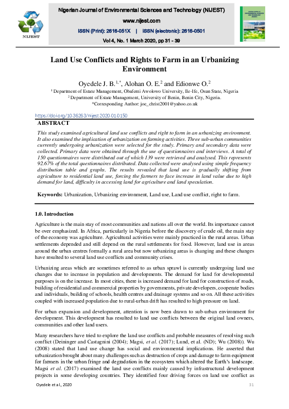 (PDF) Land Use Conflicts and Rights to Farm in an Urbanizing Environment