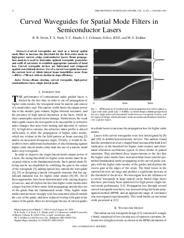 (PDF) Curved Waveguides for Spatial Mode Filters in Semiconductor Lasers