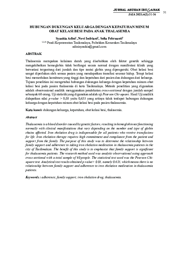 (PDF) Hubungan Dukungan Keluarga Dengan Kepatuhan Minum Obat Kelasi Besi Pada Anak Thalasemia ...