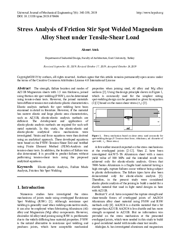 (PDF) Stress Analysis of Friction Stir Spot Welded Magnesium Alloy Sheet under Tensile-Shear ...