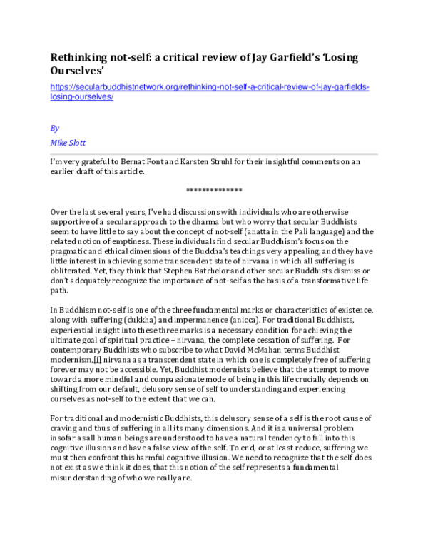 (PDF) Rethinking not-self: a critical review of Jay Garfield's 'Losing ...