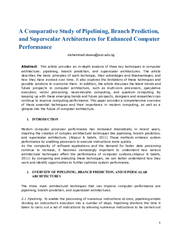 (PDF) A Comparative Study of Pipelining, Branch Prediction, and Superscalar Architectures for ...