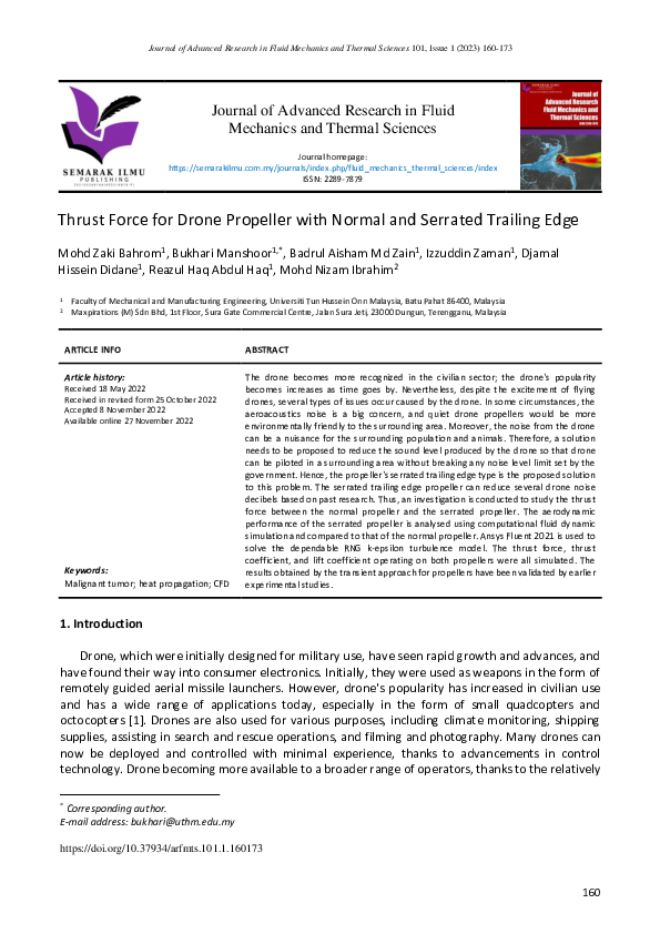 Pdf Thrust Force For Drone Propeller With Normal And Serrated Trailing Edge