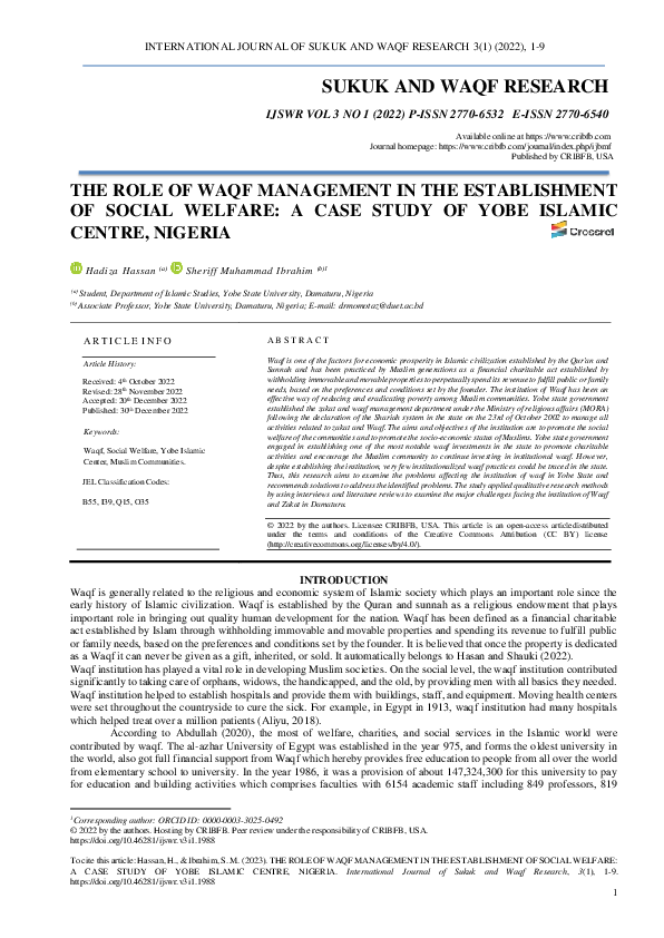 (PDF) THE ROLE OF WAQF MANAGEMENT IN THE ESTABLISHMENT OF SOCIAL WELFARE: A CASE STUDY OF YOBE ...