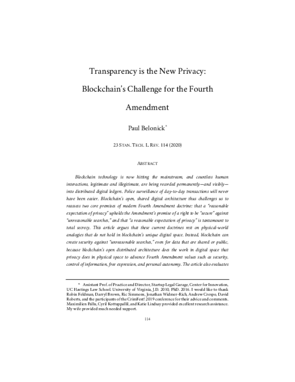 (PDF) Transparency is the New Privacy: Blockchain's Challenge for the ...