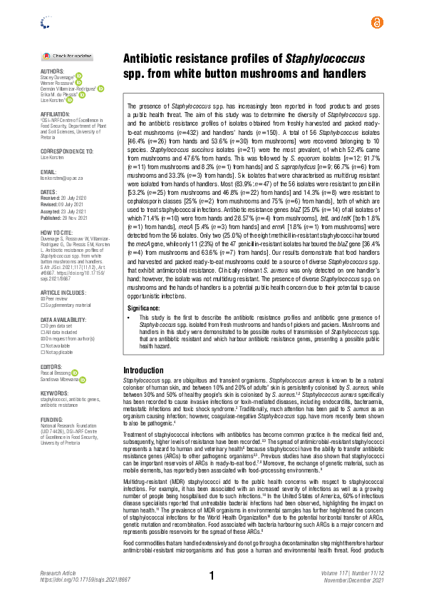 (PDF) Antibiotic resistance profiles of Staphylococcus spp. from white button mushrooms and handlers