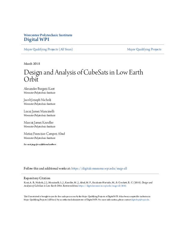 (PDF) Design and Analysis of CubeSats in Low Earth Orbit | Jacob Nichols - Academia.edu