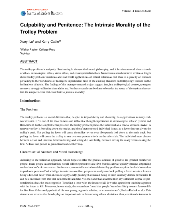 (PDF) Culpability and Penitence: The Intrinsic Morality of the Trolley Problem