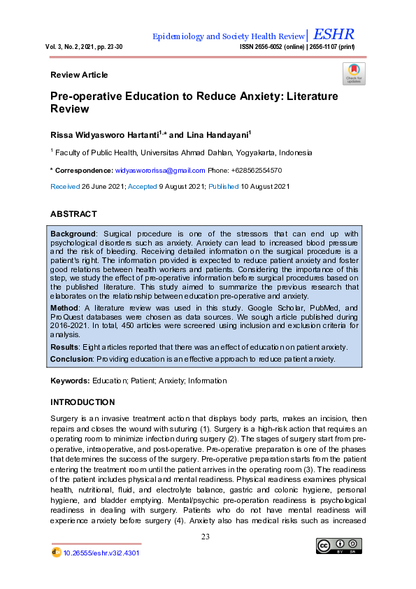 (PDF) Pre-operative Education to Reduce Anxiety: Literature Review
