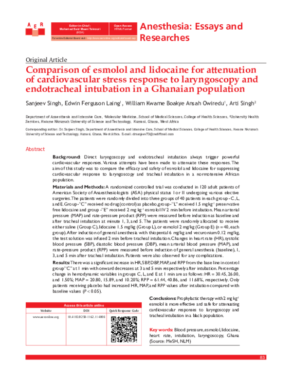 (PDF) Comparison of esmolol and lidocaine for attenuation of ...