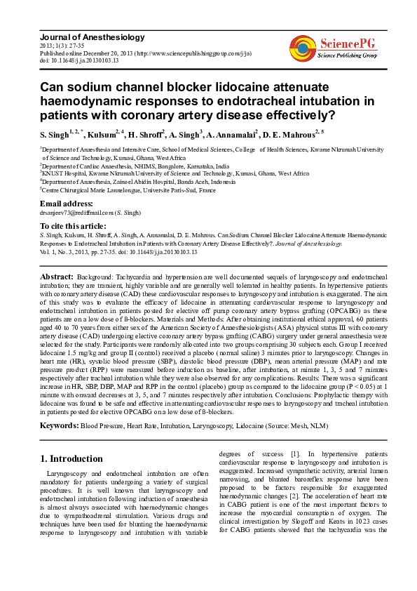 (PDF) Can sodium channel blocker lidocaine attenuate haemodynamic ...