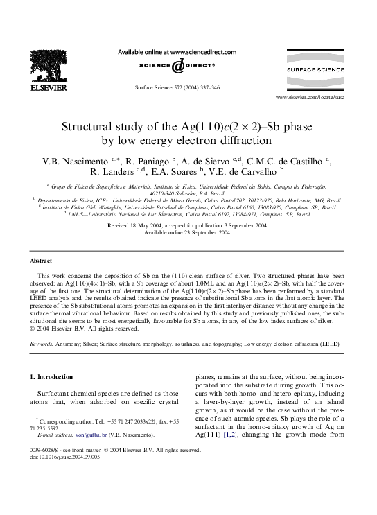 (PDF) Structural study of the Ag(110)c(2×2)–Sb phase by low energy ...