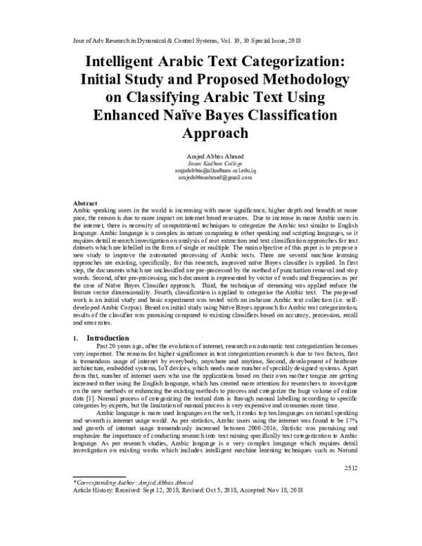 (PDF) Intelligent Arabic Text Categorization: Initial Study and Proposed Methodology on ...