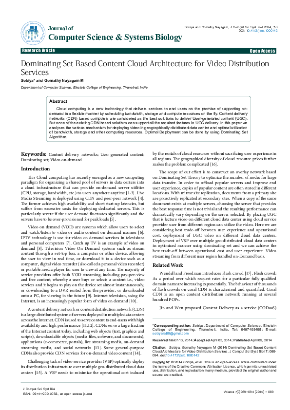 (PDF) Dominating set based content cloud architecture for video distribution services | Gomathi ...