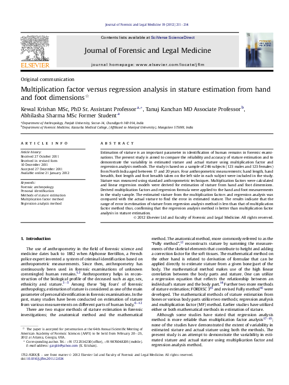 (PDF) Multiplication factor versus regression analysis in stature estimation from hand and foot ...