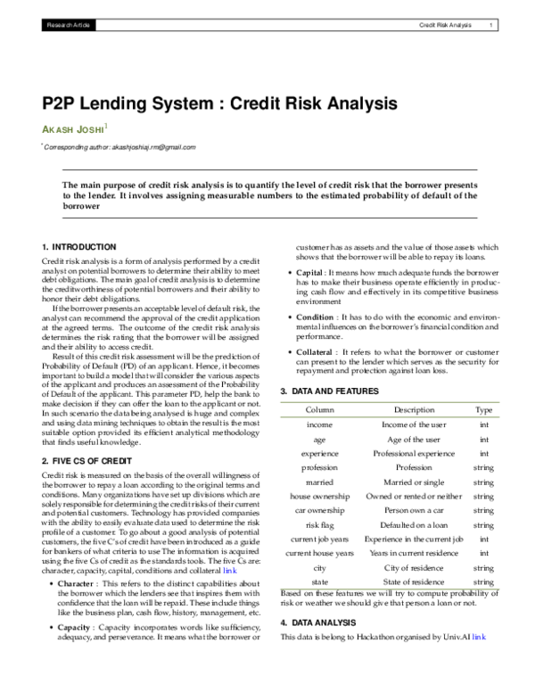 (PDF) P2P Lending System : Credit Risk Analysis