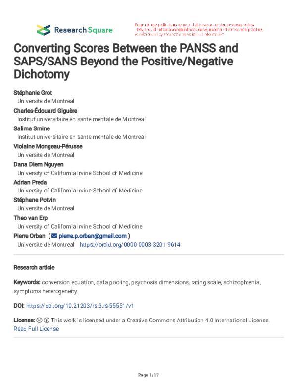 (PDF) Converting Scores Between the PANSS and SAPS/SANS Beyond the ...