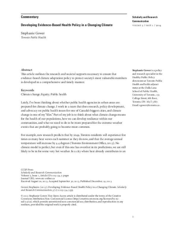 (PDF) Developing Evidence-Based Health Policy in a Changing Climate