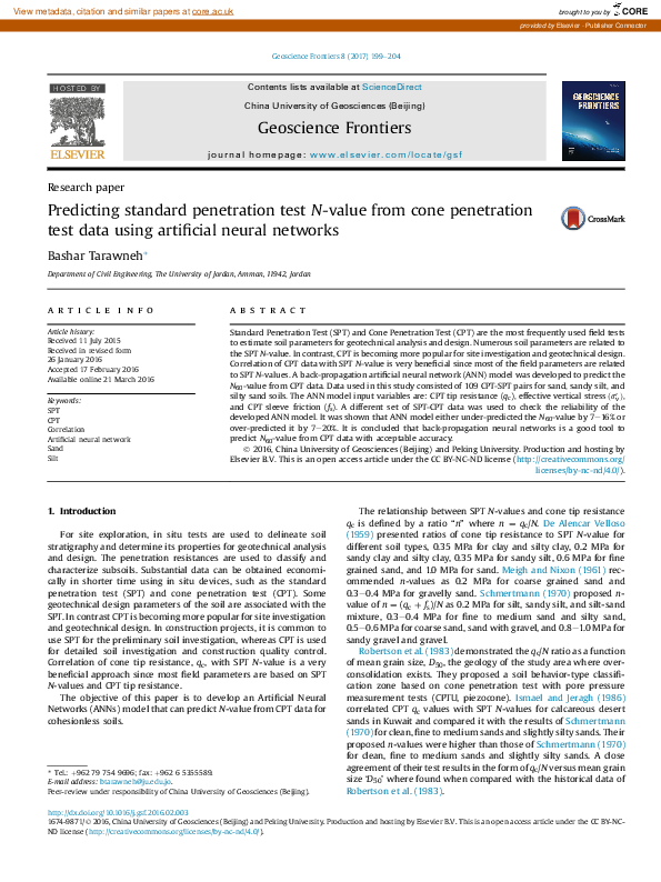 Pdf Predicting Standard Penetration Test N Value From Cone Penetration Test Data Using